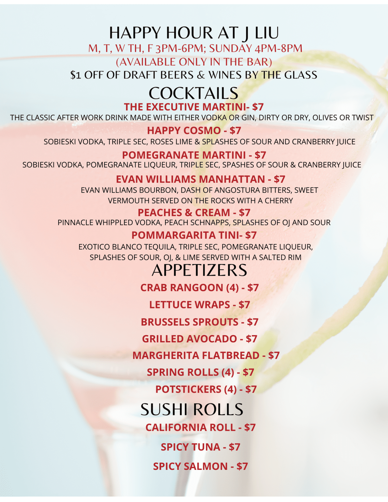 Happy Hour and Draft Beer Menu - J. Liu Restaurant & Bar